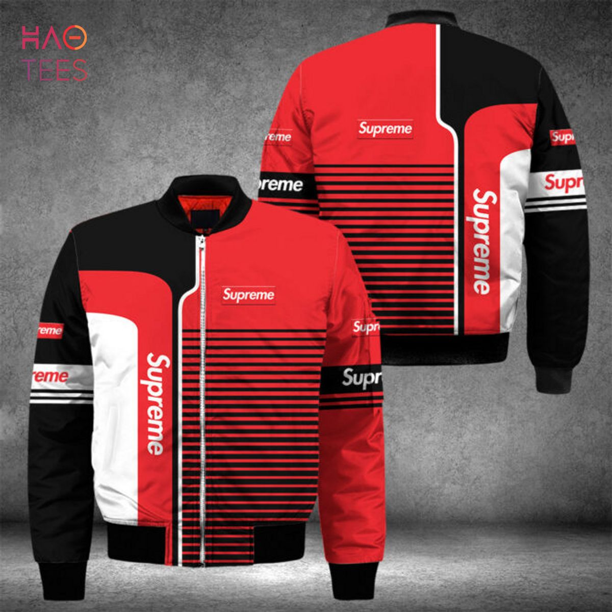 HOT Supreme Luxury Brand Stripe Red Black Bomber Jacket Limied Edition